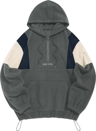 Zaful Vintage Farbblock Flauschig Polar Fleece Hoodie Herren Briefstickerei Halber Rei&szlig;verschluss Schulter absetzen Langarm Unisex Kapuzen-Sweatshirt (6-Gra