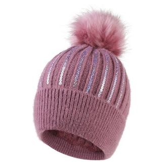 Generic M&uuml;Tze Bonnet dhiver pour femme avec pompon en fourrure synth&eacute;tique et bandes &agrave; paillettes pour femme et adolescente, 01 - Rose., taille unique