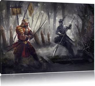 Pixxprint Kampf zwischen Samurai und Ninja, Größe: 100x70cm, Leinwandbild, fertig gespannt, Wandbild, Dekoration, Kunstdruck, kein Poster