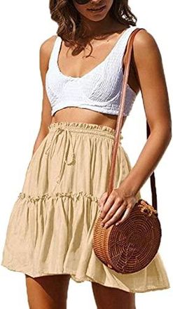 Hoerev Jupe Courte évasée à Motif Floral pour Femme et Fille Mini Jupe de Plage à Volants,Beige,3XL