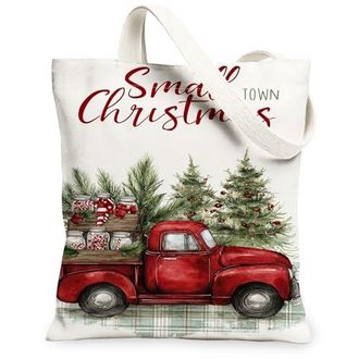 Generic Sacs fourre-tout en toile motif camion de No&euml;l, sacs r&eacute;utilisables, vintage, l&eacute;gers, lavables avec bandouli&egrave;re, Rouge, 13x15 Inch