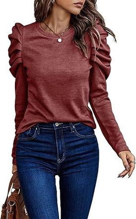 Onsoyours Femme T-Shirt &agrave; Manches Longues Chemise &agrave; Col Rond Tops L&acirc;che Long Tshirts Blouse Tunique Manches Bouffantes avec Boutons T-Shirt Simple et D&eacute;contract