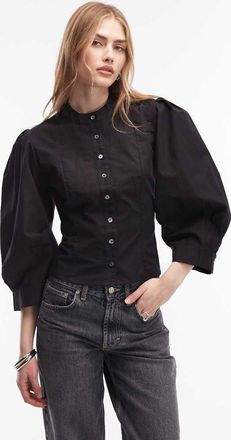 AllSaints Maud - Hemd in Schwarz mit Schn&uuml;rkorsett und Ballon&auml;rmeln