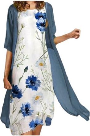 Generic 2026 Robes amincissantes pour femmes mode d&eacute;contract&eacute;e robe deux pi&egrave;ces imprim&eacute; col rond coupe ajust&eacute;e, bleu, 3XL