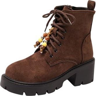 Generic Bottes &agrave; lacets pour femme - Style d&eacute;contract&eacute; et &eacute;l&eacute;gant - Bout rond - Talon &eacute;pais - Antid&eacute;rapant - Fermeture &eacute;clair lat&eacute;rale - Confortables - Noir e