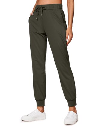 CRZ YOGA Damen Jogginghose mit Tunnelzug Undurchsichtig Sweathose Sporthose Seitentaschen - 71cm Olivgrun 38