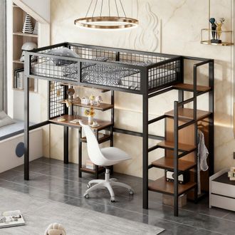 Generic Hochbett 90x200 cm in Schwarz | Mit Sicherheitsleiter, Kleiderschrank & Computertisch | Kinderbett mit Eisenrahmen | Arbeits- & Schlaflösung