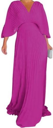 Onsoyours Femme Maxi Robe à Manches Courtes Robes col en V Robe de Soirée Plissée Robe Longue Robe Taille Haute Robe de Cocktail A Violet XXL