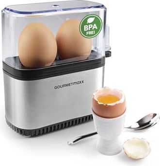 Gourmetmaxx Design Eierkocher f&uuml;r 2 Eier | kompakter Egg Boiler | Egg Cooker mit Eierstecher, Messbecher & Signalton | 3 H&auml;rtegrade | leichte Reinigung & sp&uuml;lmasc