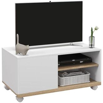 HOMCOM Meuble TV sur roulettes avec 2 Freins - 2 niches + Placard Porte 2 Passe-Fil - en Bois Blanc chêne Clair