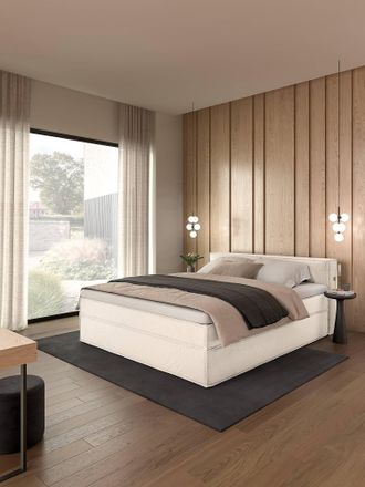 Studio Copenhagen home24 Premium Boxspringbett mit Kopfteil 180 x 200cm Strukturstoff Gesa Wei&szlig;/Wei&szlig; H2 100 cm