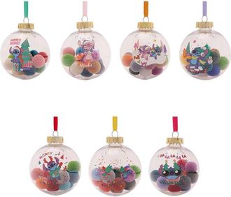 Widdop and Co Disney Stitch Christbaumkugeln zum Aufh&auml;ngen, 8 cm, mit Pompons, 7 St&uuml;ck, mit Geschenkbox