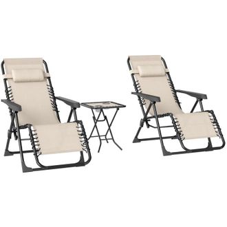 OUTSUNNY Lot de 2 chaise longue pliable et inclinable avec table dappoint - Outsunny - porte-gobelets et appuie-t&ecirc;tes - charge 120kg - beige