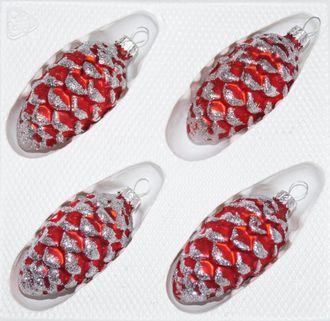 Brand 4 TLG. Glas-Tannenzapfen Set in Classic Rot Silber - Christbaumkugeln - Weihnachtsschmuck-Christbaumschmuck