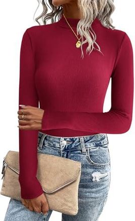 Zeagoo T-Shirt à Col Roulé pour Femmes Haut à Manches Longues Pull Basique De Couleur Unie Pull Chaud Élégant Et Ajusté Rouge S