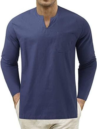Generic Henley Chemises dautomne pour homme avec col en V et poche, chemise décontractée à manches longues, coupe ajustée, hauts grands et hauts 2025, Bleu 2,