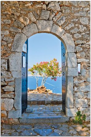 Wallario Outdoor-Poster für Garten oder Balkon Torbogen Toskana, Motivbanner Größe: ca. 120 x 180 cm, Outdoor-Bild