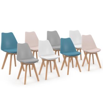 IDMarket Set Di 8 Sedie Scandinave Sara Mix Rosa Pastello X2, Bianco X2, Grigio Chiaro X2, Blu X2
