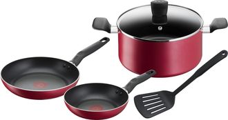 T-fal 5-teiliges Set Pfannen 20/24 + Kochtopf 24 cm + Deckel + Spatel, keine Induktion, Antihaftbeschichtung, Thermo-Signal-Wärmeanzeige, ergonomischer Grif