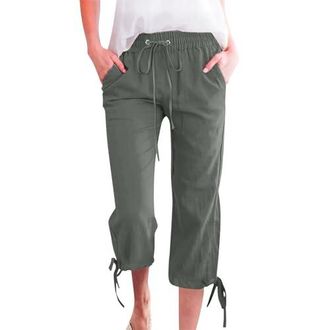 Generic Pantalon 3/4 d&eacute;t&eacute; pour femme - Pantalon en lin pour femme - Pantalon d&eacute;t&eacute; l&eacute;ger avec cordon de serrage - Poches - Taille haute - Pantalon de loisirs -