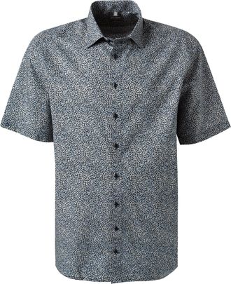 Olymp Herren Kurzarmhemd blau geblümt Comfort Fit