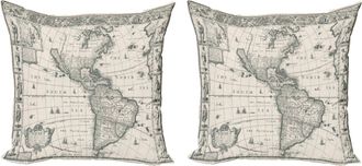 Abakuhaus Weltkarte Kissenbezug Set (2St&uuml;ck), Retro alte Amerika-Karte, doppelseitiges Digitaldruckdekor mit Rei&szlig;verschluss, 60 cm, Mehrfarbig