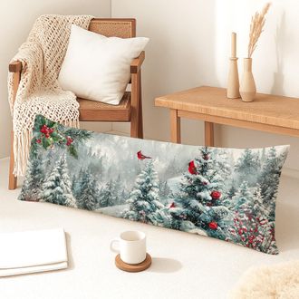 Generic Winter-Kardinal-Körper-Kissenbezüge, schneebedeckter Wald, Vintage, weicher Samt, Lendenkissenbezug mit Reißverschluss, Urlaubs-Körperkissen für Bett,