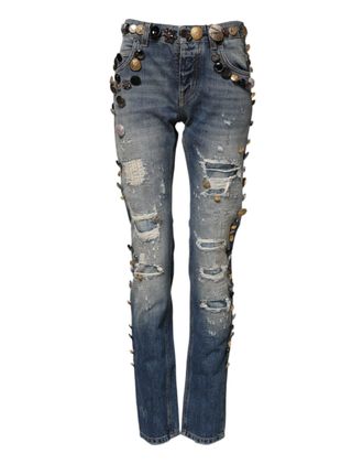 Dolce & Gabbana Womens Blue Embellished Tattered Skinnydenim Jeans Cotton Clothing