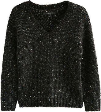 Next V-Ausschnitt-Pullover Grobstrickpullover mit Pailletten und V-Ausschnitt (1-tlg)