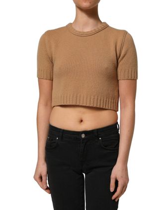 Dolce & Gabbana Womens Brown Wool Short Sleeves Cropped Blouse Top Virgin