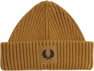 Fred Perry Branded Patch Dark Caramel Ribbed Beanie
