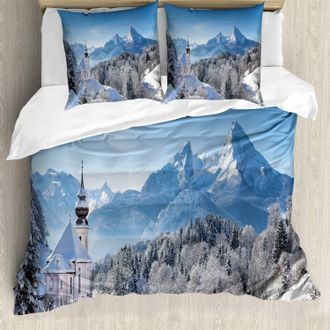 Abakuhaus Winter Bettbezug Set, Bavaran Alpen Deutschland, Milbensicher Allergiker geeignet mit Kissenbez&uuml;gen, 155 cm x 200 cm - 80 x 80 cm,Wei&szlig; Blau