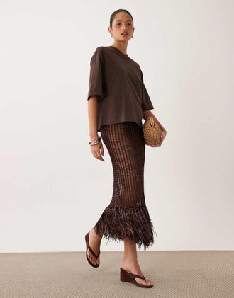 Asos Jupe densemble en maille ajour&eacute;e &agrave; franges - Chocolat-Brown