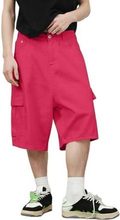 ORANDESIGNE Hommes Cargo Shorts Bermuda Pantacourt Casual Multi Poches Loisirs 3/4 Short Et&eacute; Shorts de Sport Court Pantalon Streetwear A Rose Rouge L