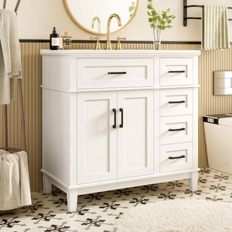 Merax Bodenstehender Badezimmerschrank mit Waschbecken, Badezimmer-Standschrank, Doppelschrankt&uuml;rregal, Beine aus Massivholz, integriertes Keramikwaschbecke