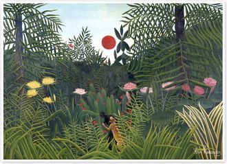 Posterlounge Urwaldlandschaft mit untergehender Sonne Poster von Henri Rousseau 90 x 70 cm Grün Wandbilder Wanddeko