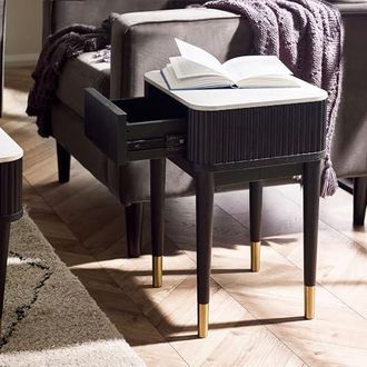 Julian Bowen Louis Lampentisch mit geriffelter Steinplatte und Schublade, Eschenholz, weißer Marmor/Schwarz, 40 x 35 cm