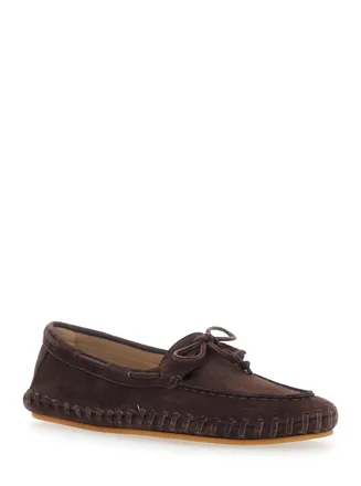 Le Monde Beryl Womens Loafers With Suede Bow, Brown Goat Leather
