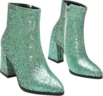 Frcolor Bottines Femmes Vertes à Talons Courtes Élégantes à Paillettes avec Talons Robustes pour Sorties et Fêtes