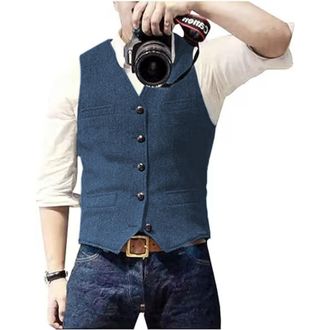 Solovedress Herren Casual Wolle Fischgr&auml;tmuster Anzug Weste V-Ausschnitt Tweed Weste f&uuml;r Hochzeit Groomsmen(Blau,XXL)
