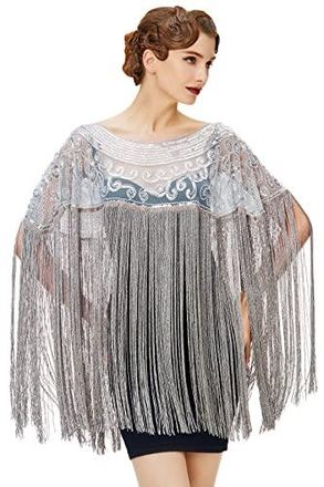 Babeyond Ch&acirc;le de soir&eacute;e des ann&eacute;es 1920 &agrave; longues franges avec paillettes et perles, gris, taille unique
