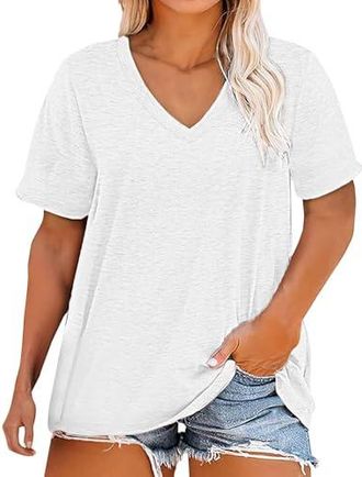 Generic T-shirts à col en V pour femmes, hauts à manches courtes, t-shirts dété décontractés, coupe ample, col montant pour femmes, blanc, 5XL