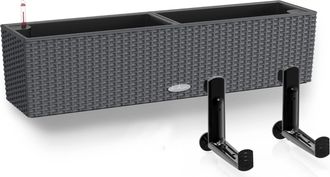 Lechuza Selbstbewässernder Topf BALCONERA Cottage 80 Granit Kunststoff Balkon Übertopf für Geländer Rattanoptik Pflanzgefäß H19 L80 B19cm Bundle mit schwarzen