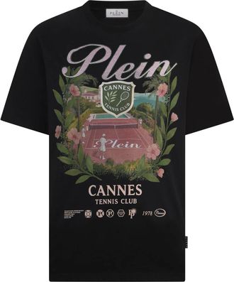 Philipp Plein Homme, Tops, Noir, Taille: S Round Neck T-Shirt Cannes Tennis Club