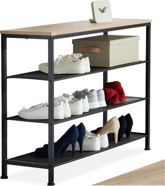 TecTake Schuhregal schmal mit Ablagefläche, Schuhbank 4 Ebenen, 3 Gitterablagen, Schuhregal platzsparend 100 x 30,5 x 72,5 cm, Flur Regal, Schuhschrank, Garde