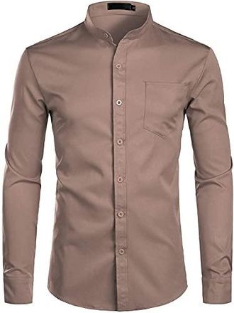 PARKLEES Chemise élégante à manches longues avec col grand-père pour homme, coupe ajustée, boutonnée avec poche, peau, XXL