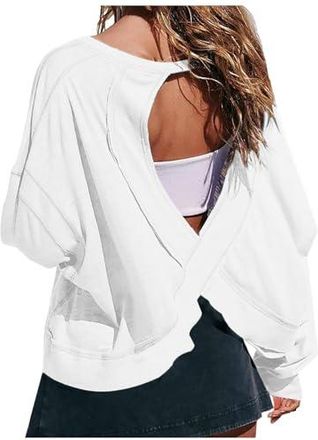 Generico T-shirt de sport pour femme avec dos nu ample et manches longues, blanc, XXL