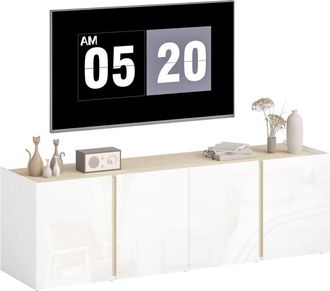 HOMCOM Meuble TV - HOMCOM - 4 portes &agrave; fermeture amortie, &eacute;tag&egrave;re r&eacute;glable et passe-c&acirc;bles - panneau de particules - blanc