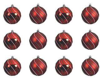 Decoris Weihnachtskugeln Kunststoff 8cm x 12 St&uuml;ck bruchsicher mit Glitzer Streifen Muster rot