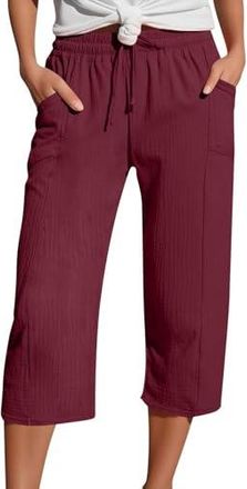 Generic Pantalon court en lin pour femme, pantalon capri pour femme, pantalon d&eacute;t&eacute; d&eacute;contract&eacute;, taille &eacute;lastique, pantalon de jogging 3/4 avec cordon de serra